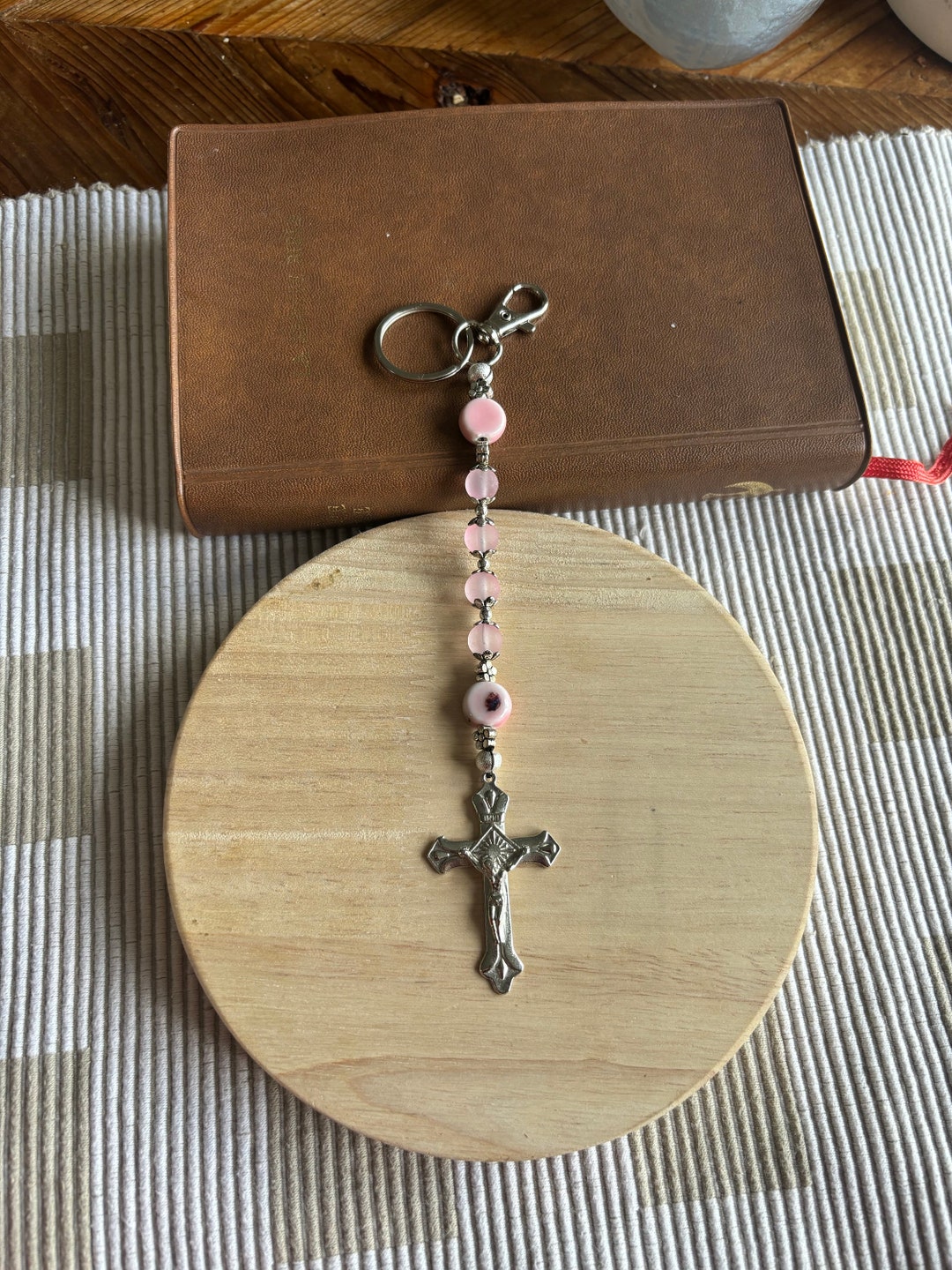 Rosary Key Ring, Rosary Key Ring, Christian Key Ring, Pink Bead Key ...