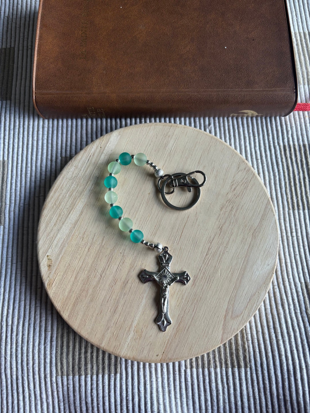 Rosary Key Ring, Rosary Key Ring, Silver Cross Key Ring, Green Bead Key ...