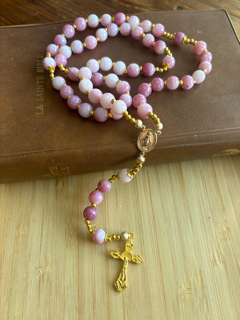 Christian Rosary, Christian Rosary, Pink Beaded Rosary, Pink Marbled ...