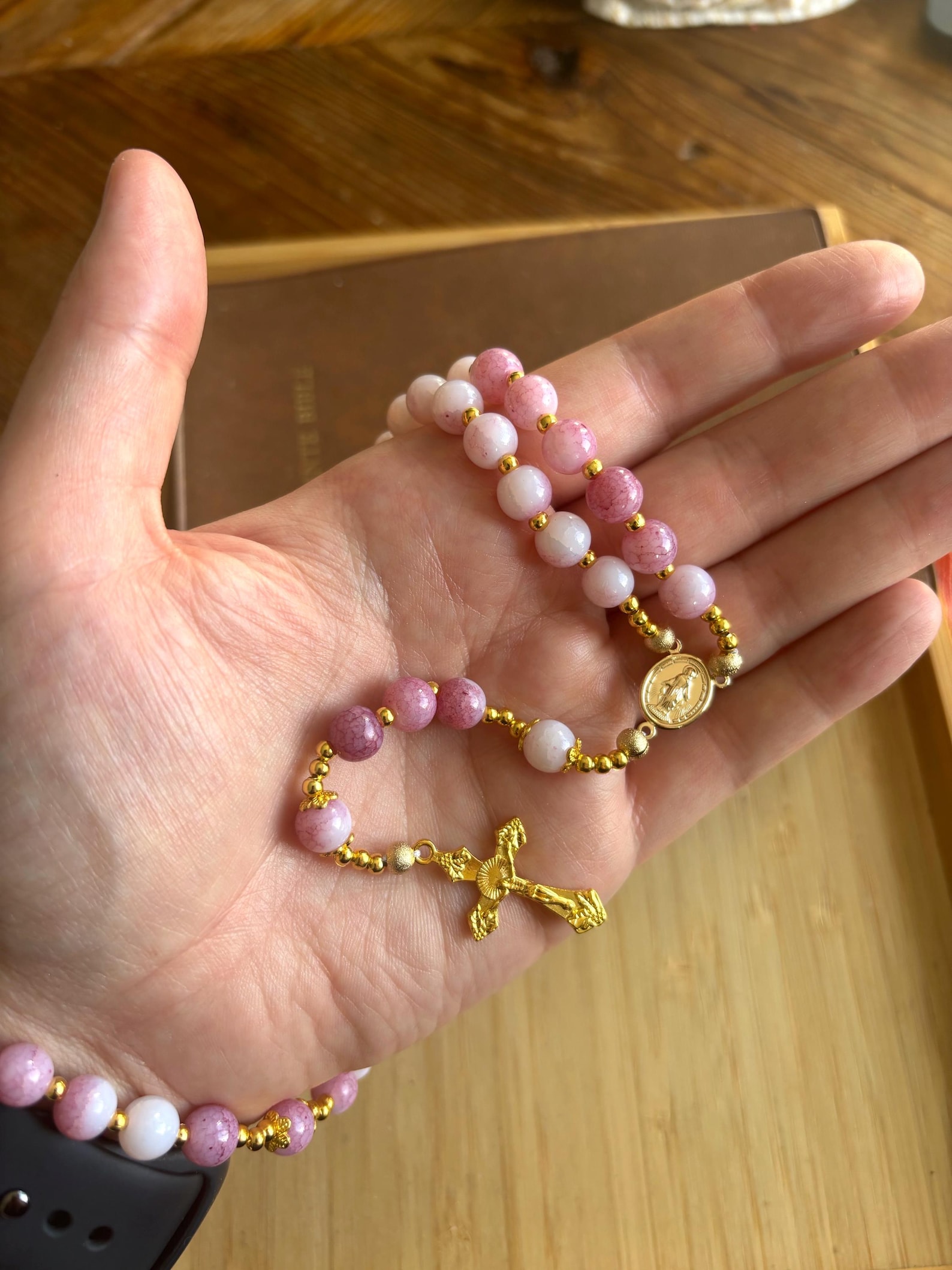 Christian Rosary, Christian Rosary, Pink Beaded Rosary, Pink Marbled ...