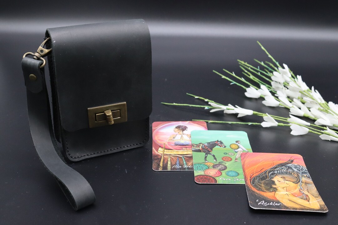 Leather Tarot Card Holder With Wristlet,black Leather Tarot Case,tarot ...
