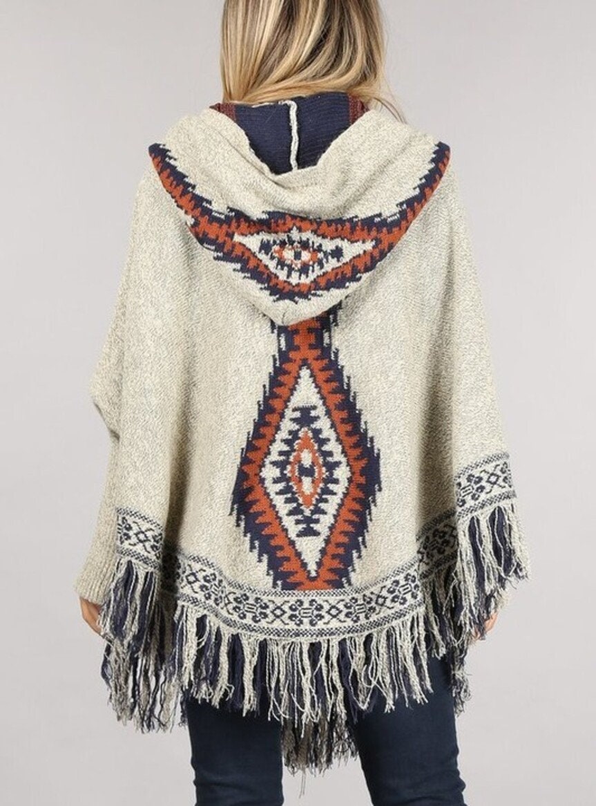 Boho Aztec Tribal Fringe Hem Hooded Cardigan Sweater Cape Knit - Etsy