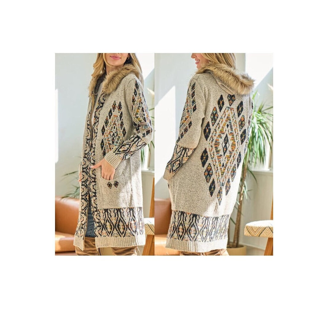 Aztec Southwestern Cardigan Sweater Jacket, Faux Fur Hooded Long Knit ...