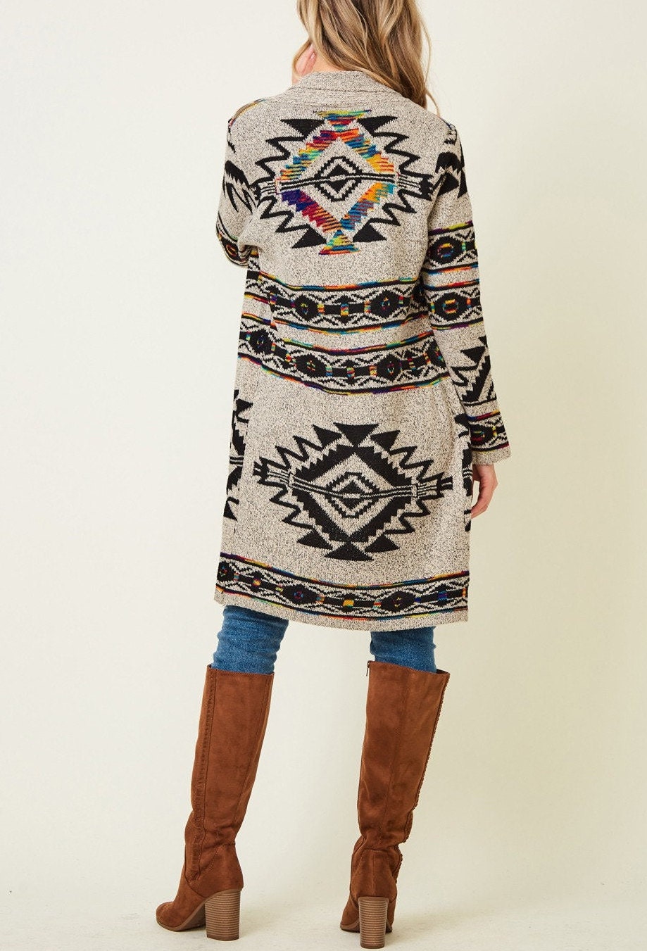 Plus Size Boho Aztec Tribal Cowichan Southwestern Knit Long Cardigan ...