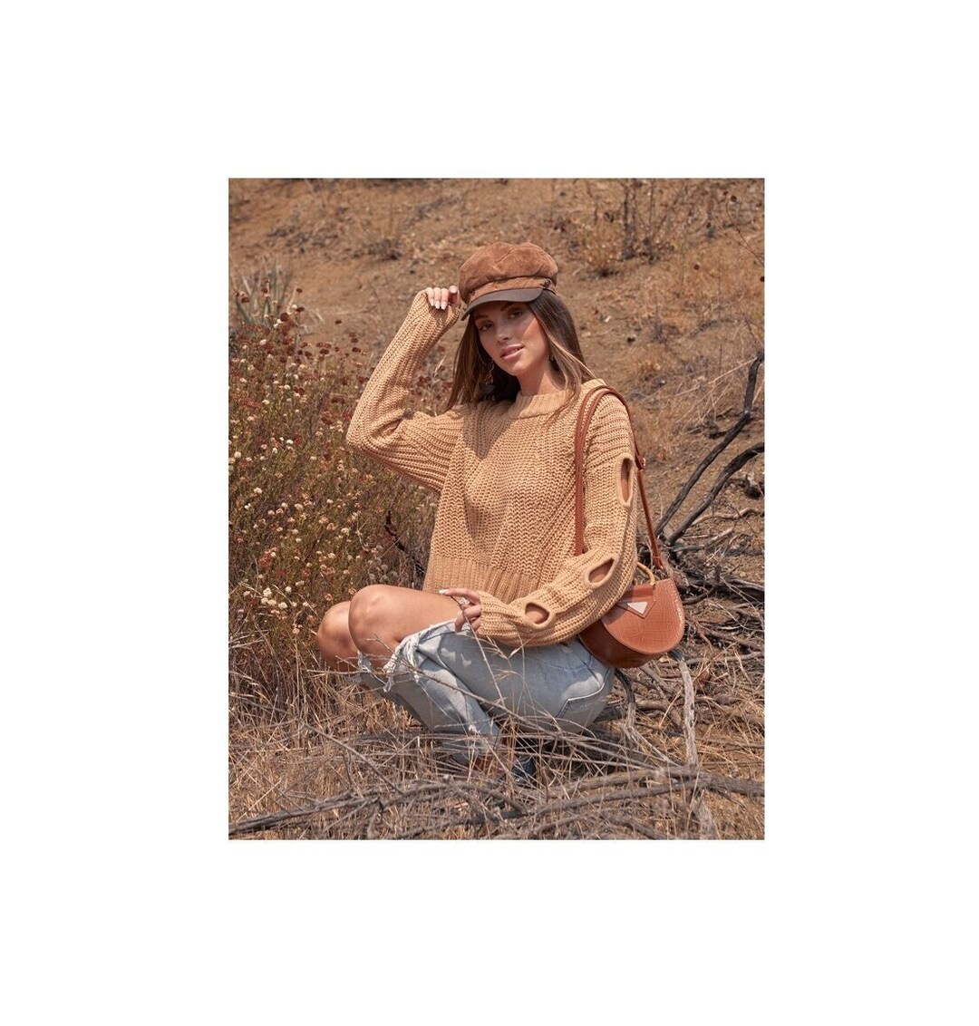 Women's Boho Cut Out Sleeve Chunky Rib Knit Cropped Sweater Top, Brown ...