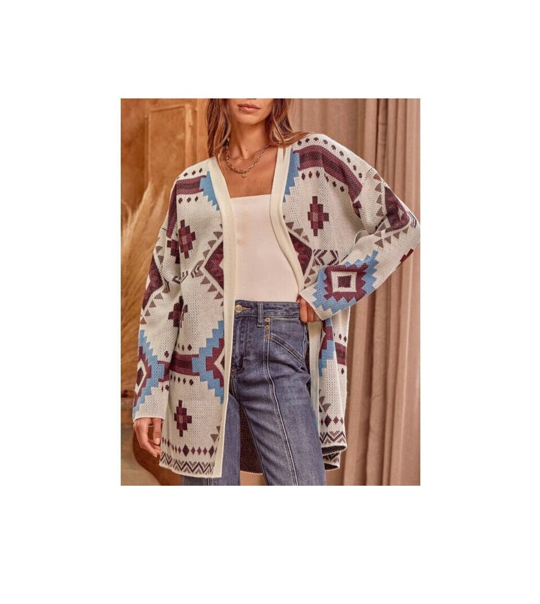 Aztec Tribal Southwestern Knit Cardigan Sweater Duster Top Western ...