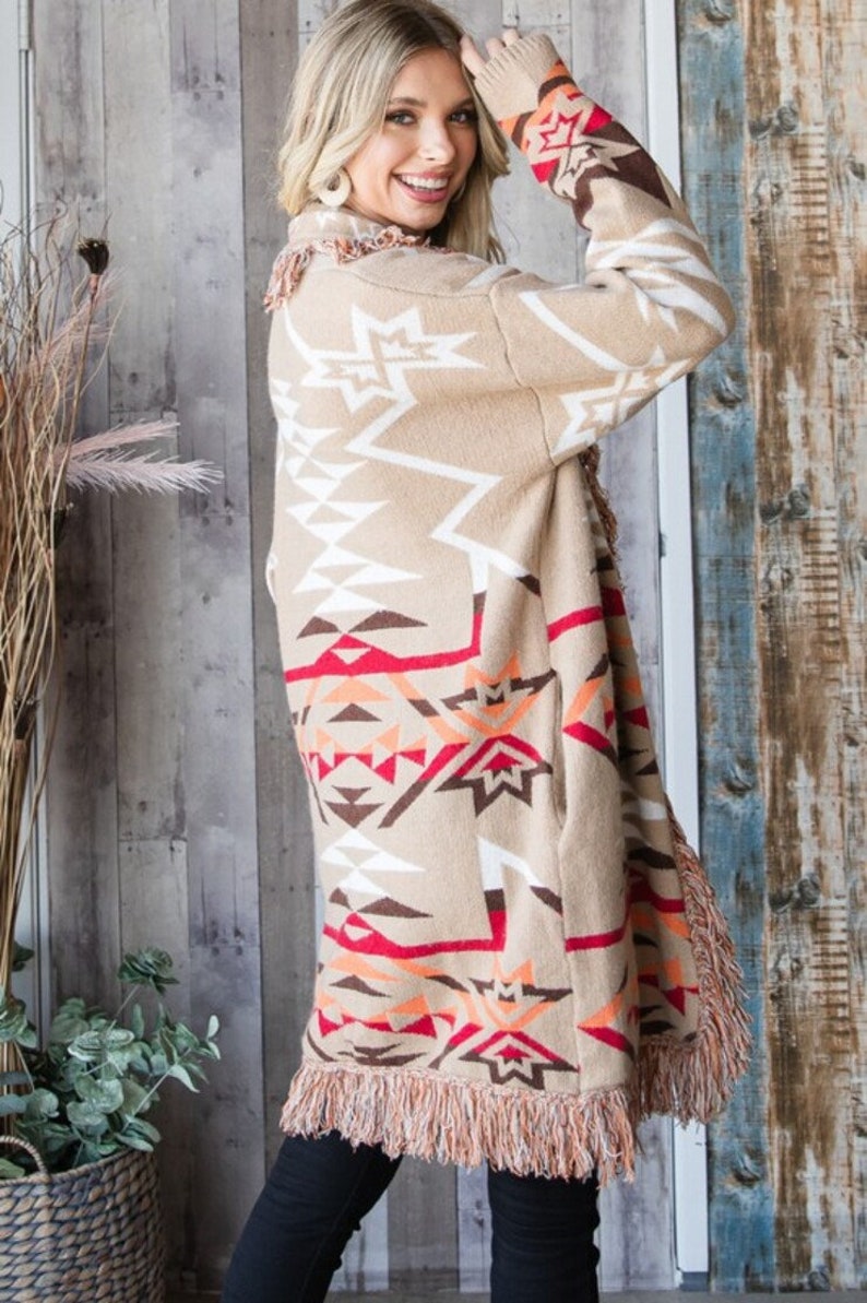 Boho Aztec Tribal Cowichan Print Fringe Belted Long Cardigan - Etsy
