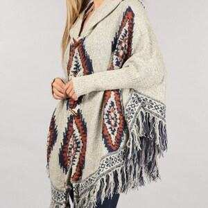 Boho Aztec Tribal Fringe Hem Hooded Cardigan Sweater Cape Knit Top ...