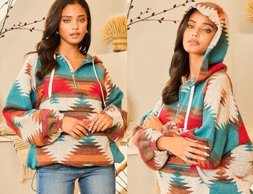 Boho Vintage Aztec Tribal Western Hoodie Sweatshirt Hooded Flannel ...