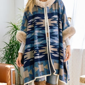 Boho Aztec Tribal Southwestern Faux Fur Hooded Cardigan Sweater Swing ...