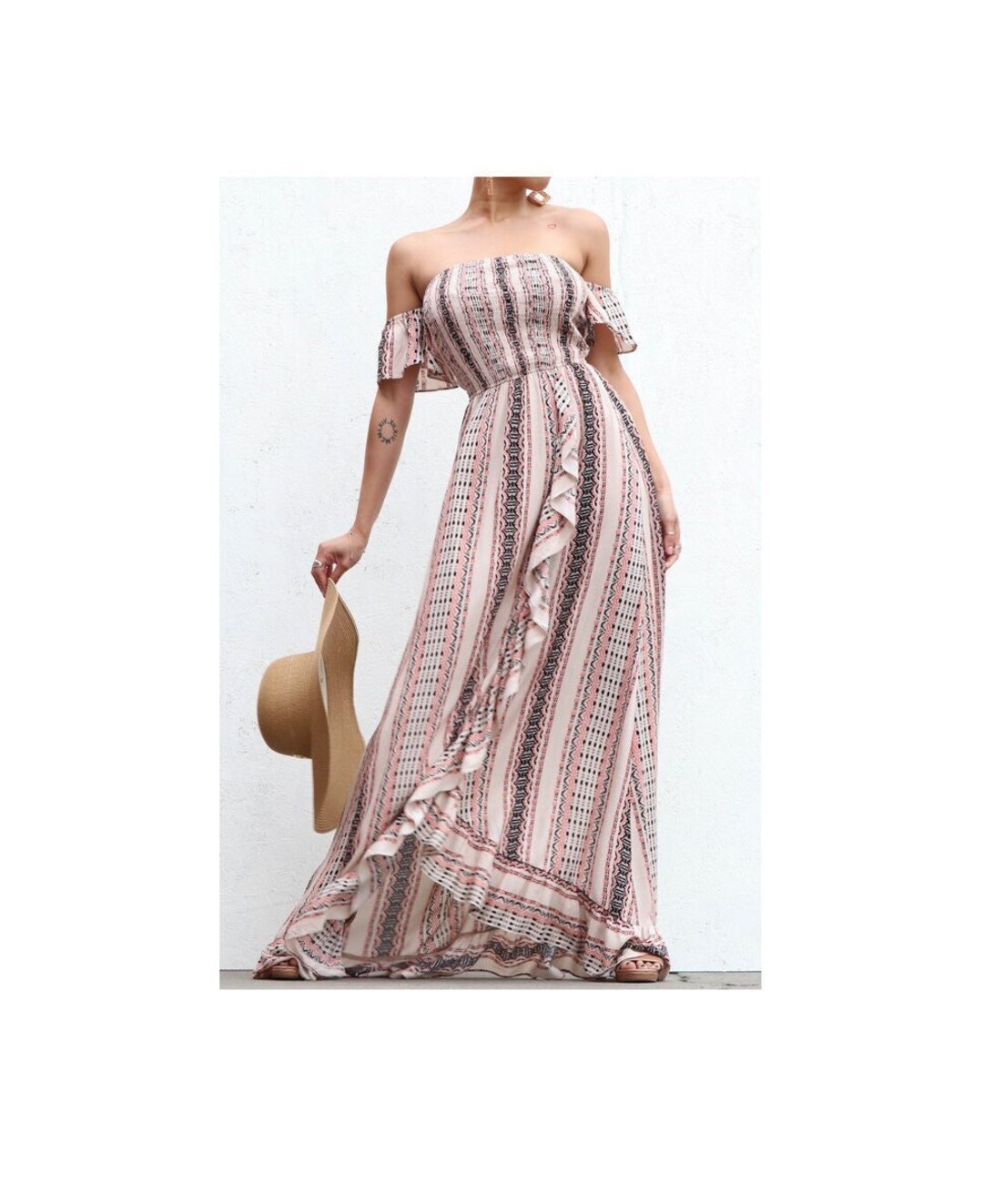 Boho Gypsy Peasant Smocked off Shoulder Ruffle Flared Maxi Dress ...