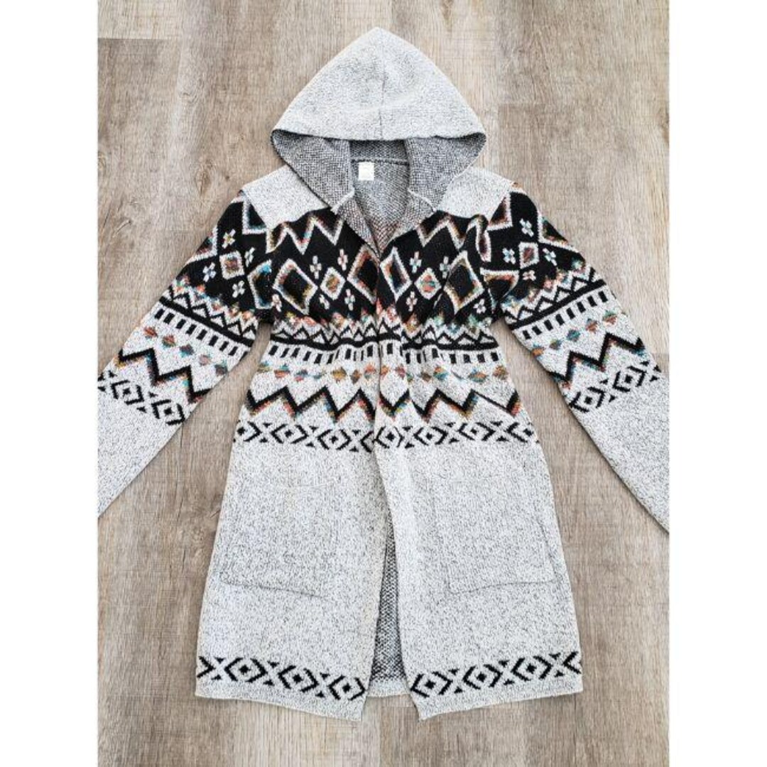 Aztec Western Hooded Cardigan Sweater, Tribal Knit Long Duster Coat ...