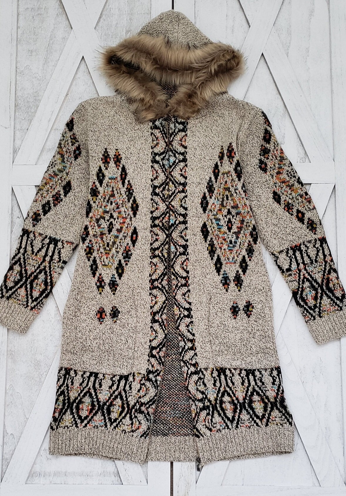 Aztec Western Southwest Knit Faux Fur Hooded Zip Front Long Cardigan ...