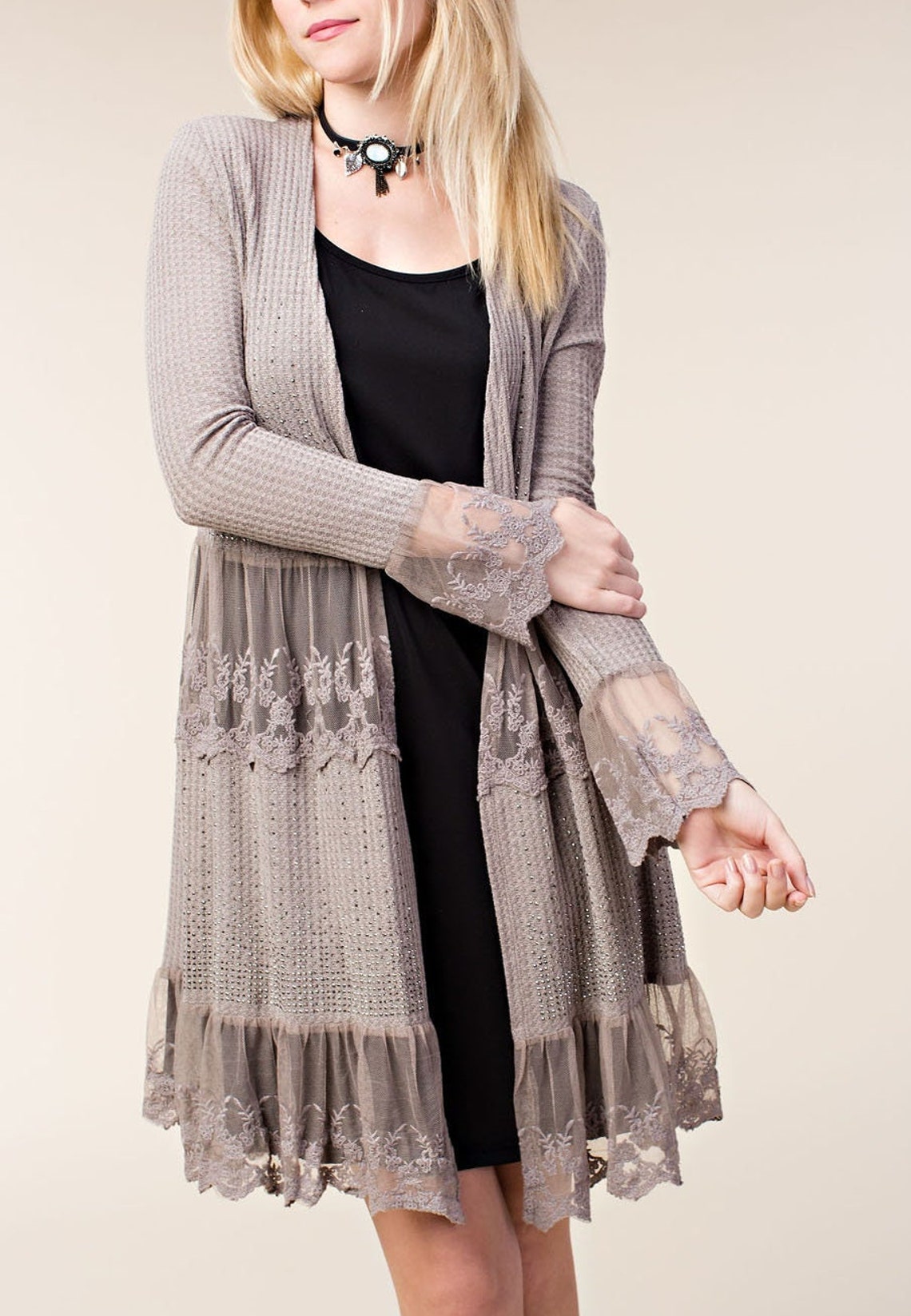 Black Crystal Boho Lace Ruffle Bell Sleeve Cardigan Duster - Etsy