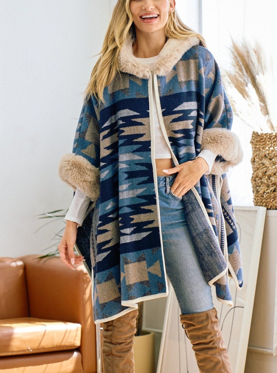 Boho Aztec Tribal Southwestern Faux Fur Hooded Cardigan - Etsy