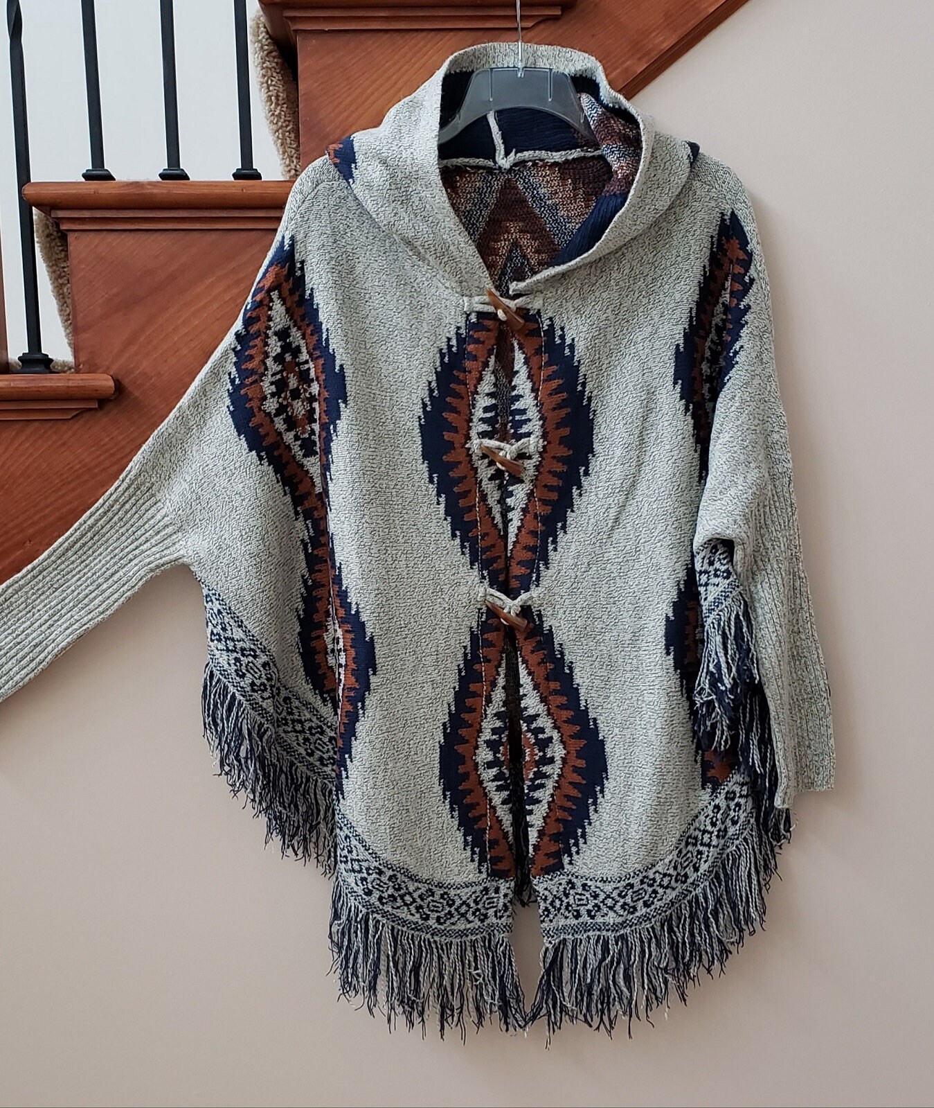Boho Aztec Tribal Fringe Hem Hooded Cardigan Sweater Cape Knit - Etsy