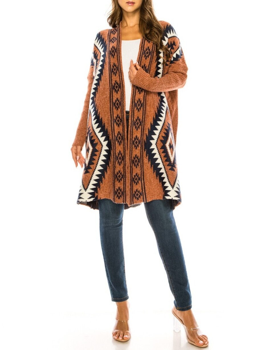 Boho Aztec Tribal Southwestern Print Long Cardigan Sweater Duster Top ...