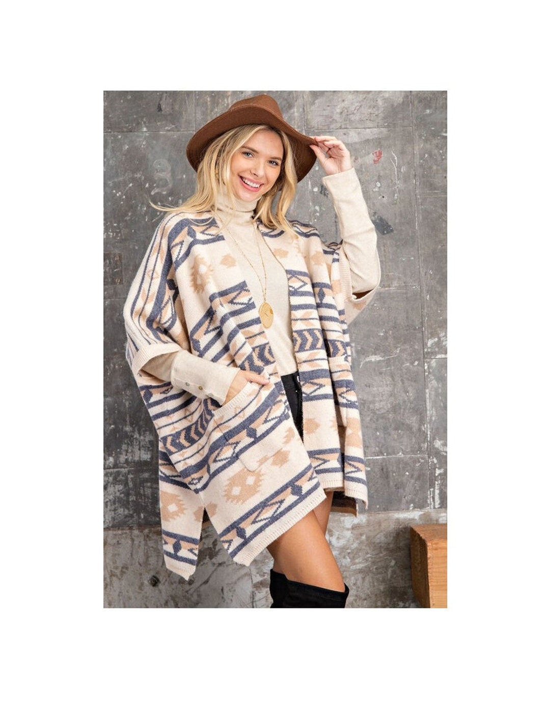 Boho Aztec Tribal Southwestern Print Cardigan Sweater Duster Poncho Top ...