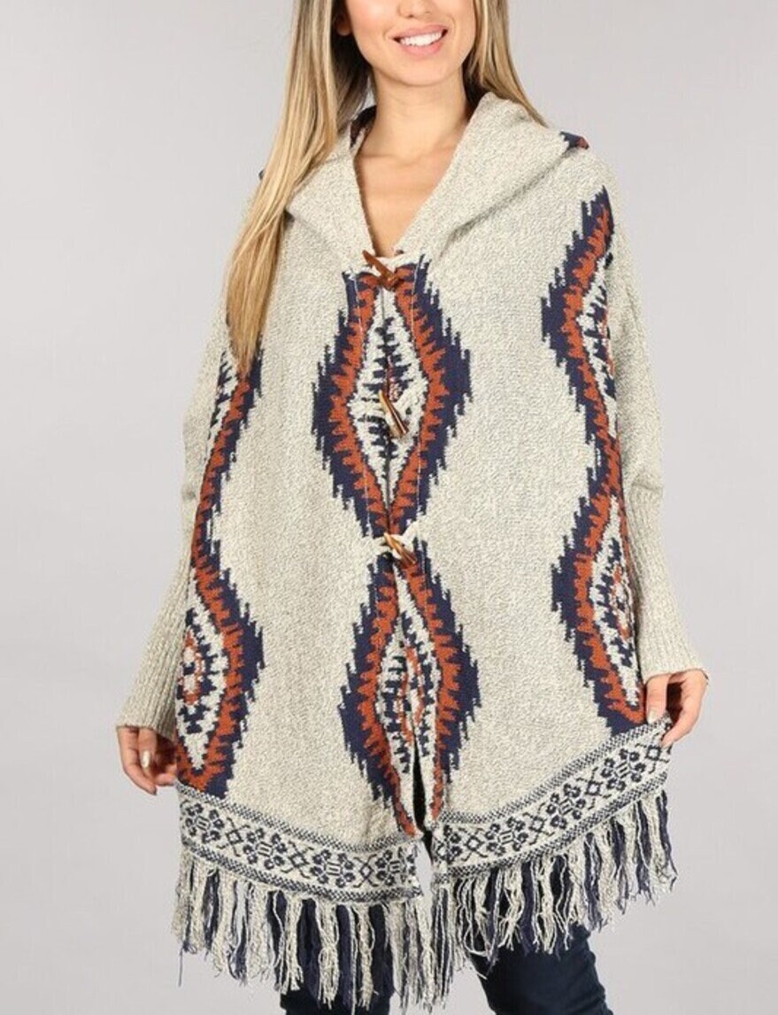 Boho Aztec Tribal Fringe Hem Hooded Cardigan Sweater Cape Knit - Etsy