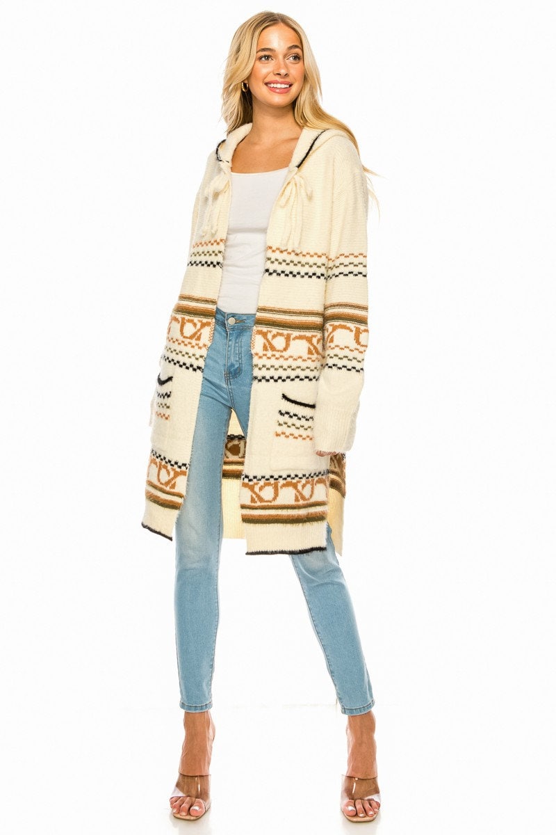Boho Aztec Southwestern Knit Long Hooded Cardigan Sweater - Etsy