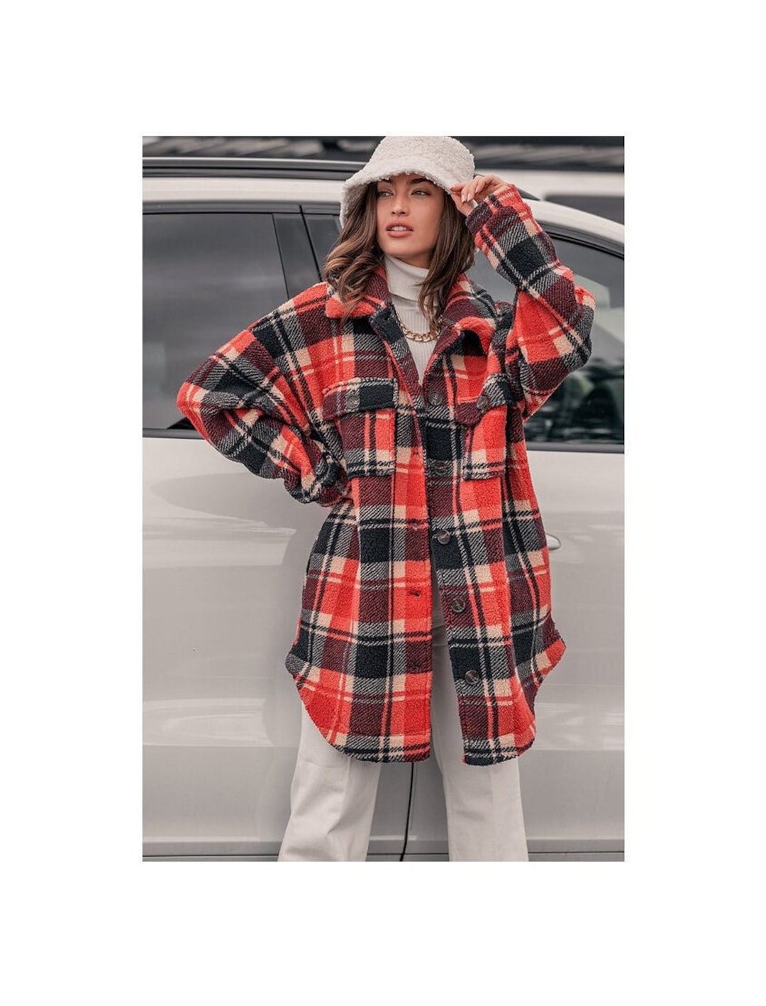 Women's Red Black Plaid Checkered Fleece Oversized Long Shirt Jacket ...