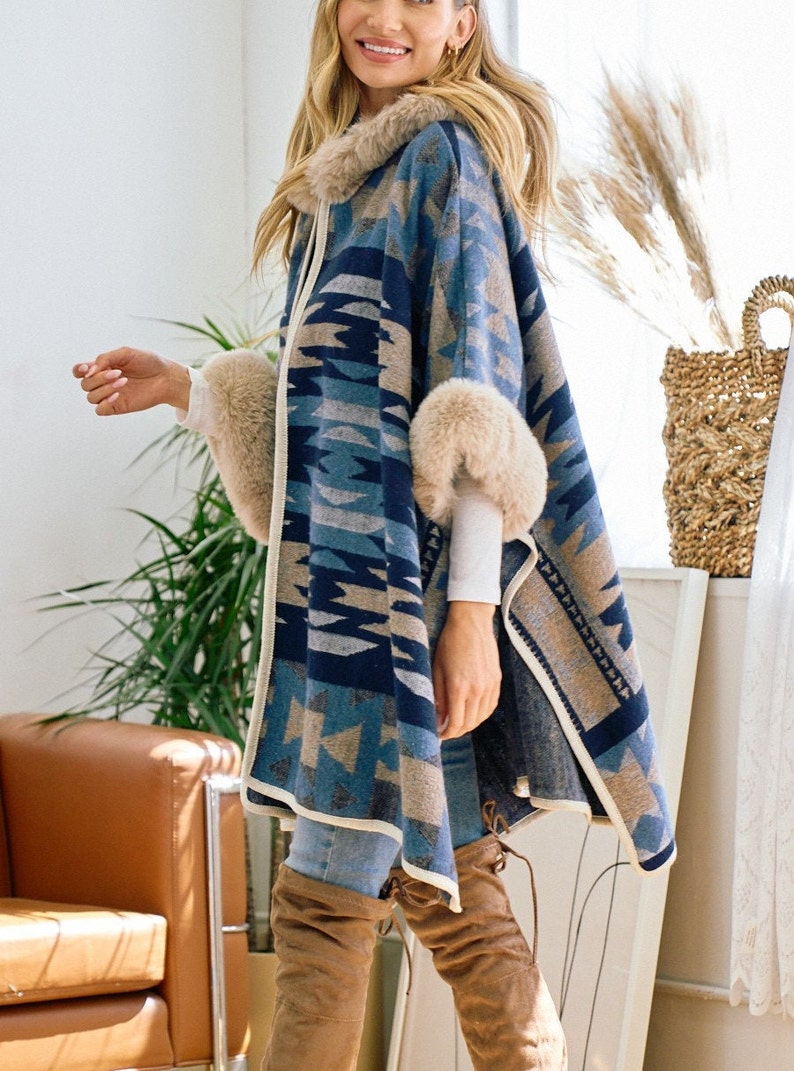 Boho Aztec Tribal Southwestern Faux Fur Hooded Cardigan Sweater Swing ...