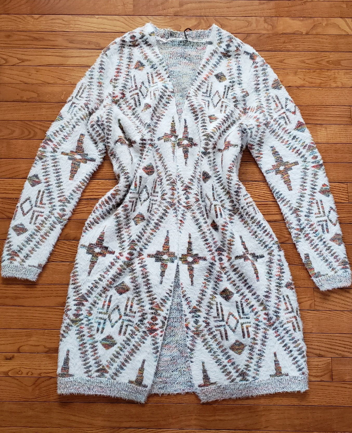 Boho Aztec Celtic Cross Fuzzy Knit Long Cardigan Sweater Duster Coat ...