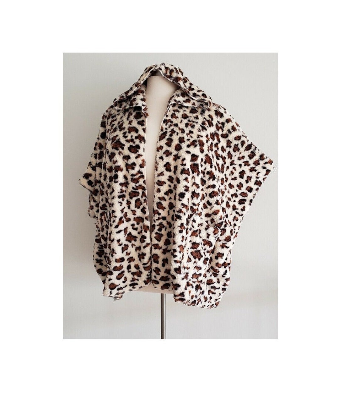 Women's Leopard Print Sherpa Faux Fur Hooded Kimono Cardigan Poncho ...