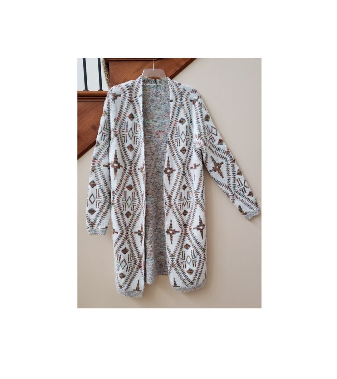 Boho Aztec Celtic Cross Fuzzy Knit Long Cardigan Sweater Duster Coat ...