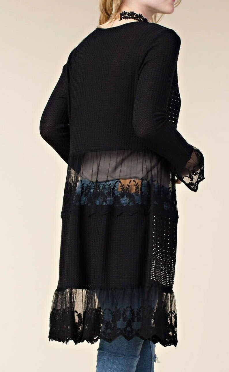 Black Crystal Boho Lace Ruffle Bell Sleeve Cardigan Duster Bohemian ...