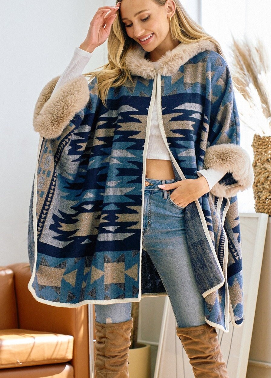 Boho Aztec Tribal Southwestern Faux Fur Hooded Cardigan Sweater Swing ...