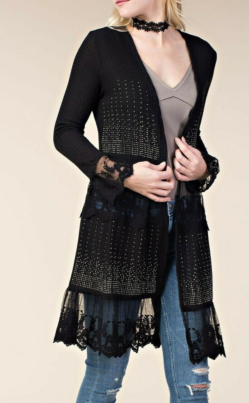 Black Crystal Boho Lace Ruffle Bell Sleeve Cardigan Duster - Etsy