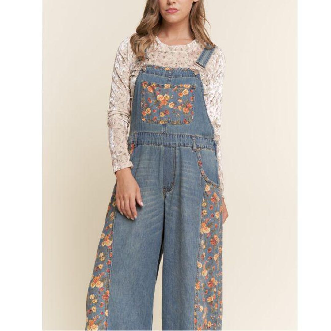 Boho Vintage Floral Denim Overalls Retro Wide Leg Suspender Jumpsuit - Etsy