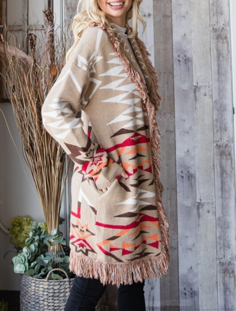 Boho Aztec Tribal Cowichan Print Fringe Belted Long Cardigan - Etsy
