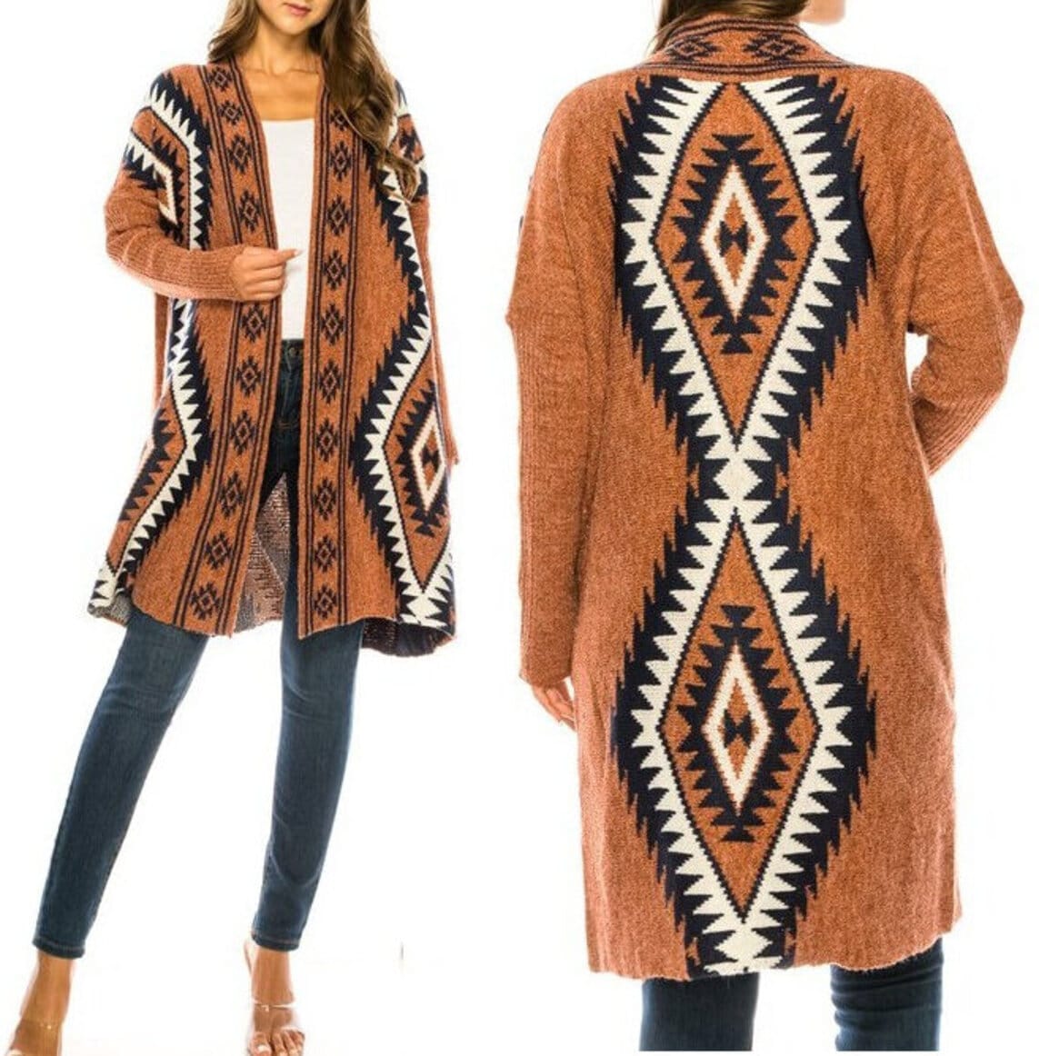 Boho Aztec Tribal Southwestern Print Long Cardigan Sweater Duster Top ...