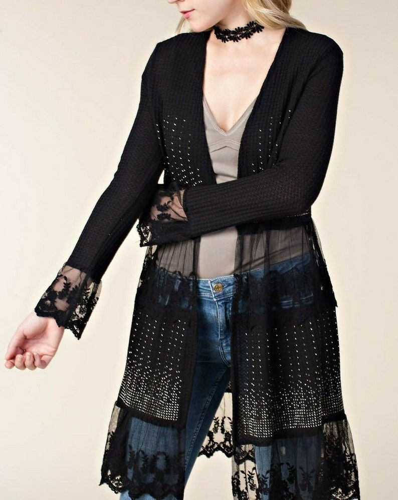 Black Crystal Boho Lace Ruffle Bell Sleeve Cardigan Duster Bohemian ...