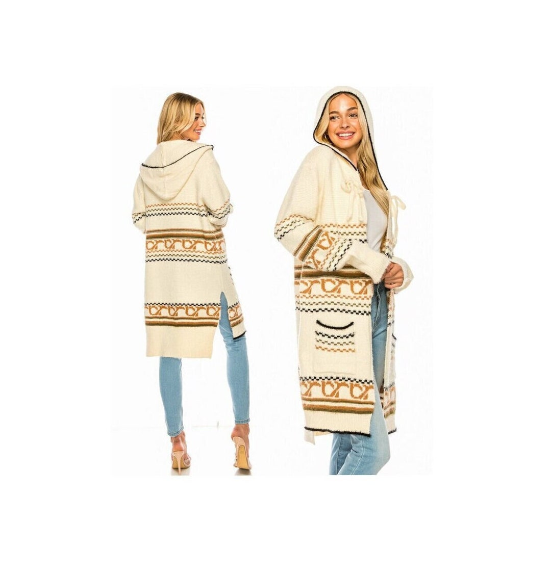 Boho Aztec Tribal Western Knit Long Hooded Cardigan Sweater Duster Coat ...