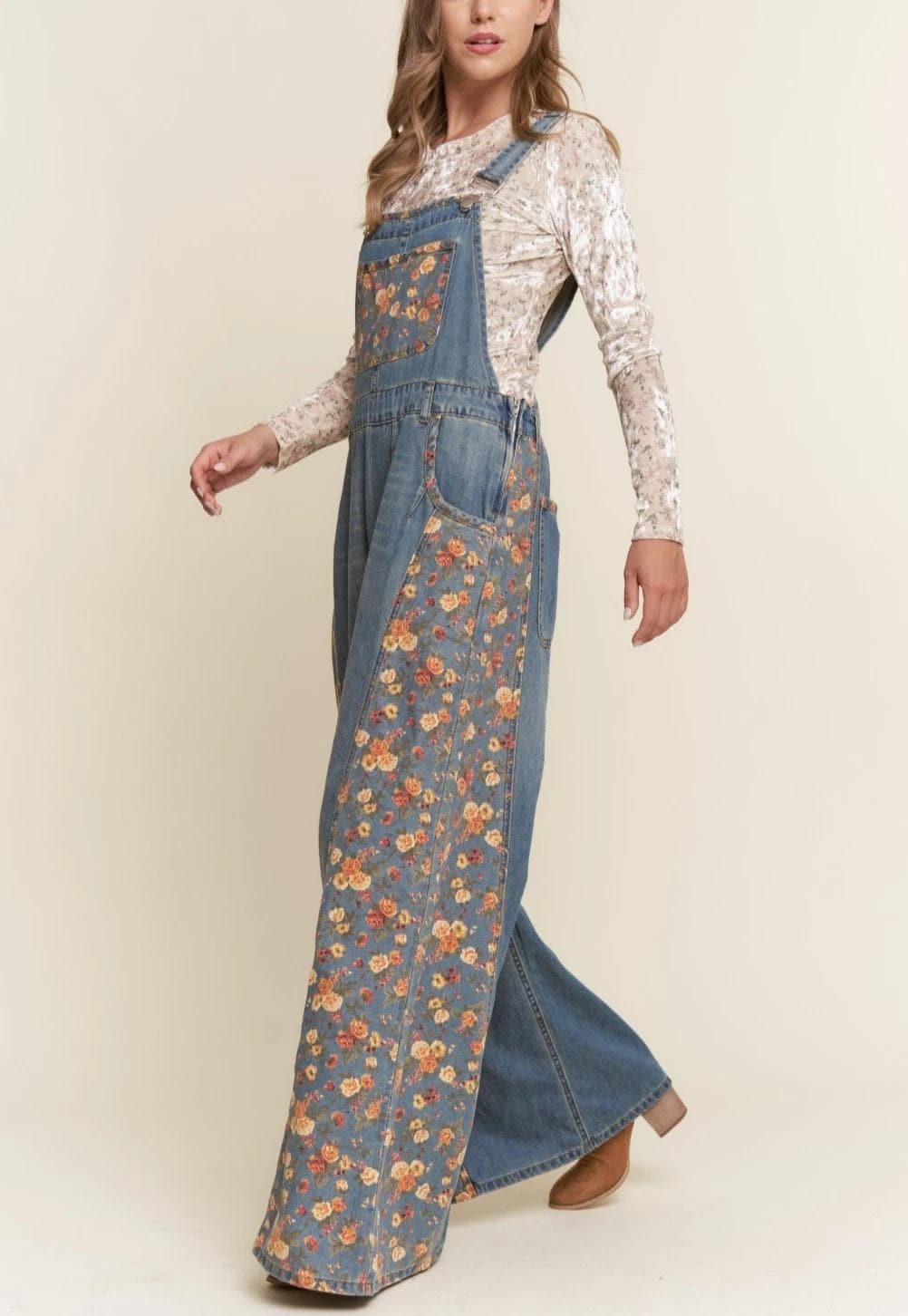 Boho Vintage Floral Denim Overalls Retro Wide Leg Suspender Jumpsuit - Etsy