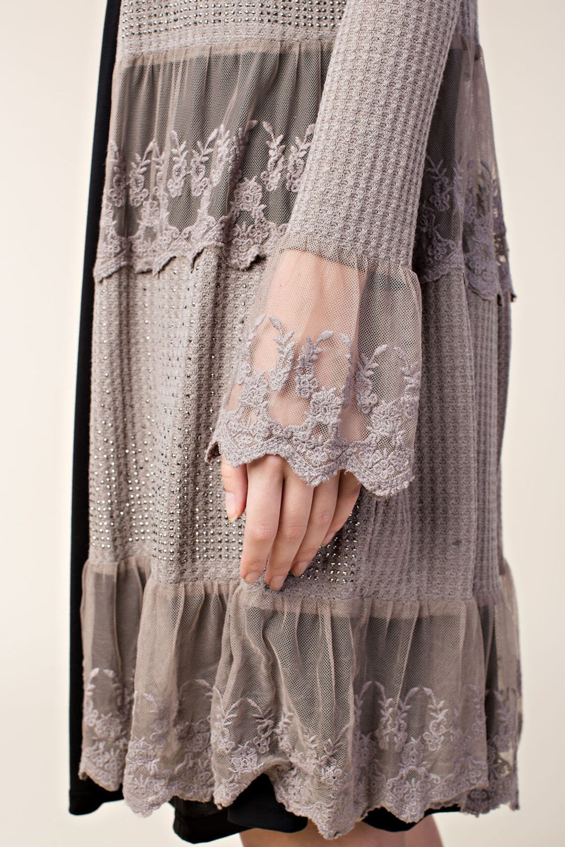 Black Crystal Boho Lace Ruffle Bell Sleeve Cardigan Duster - Etsy