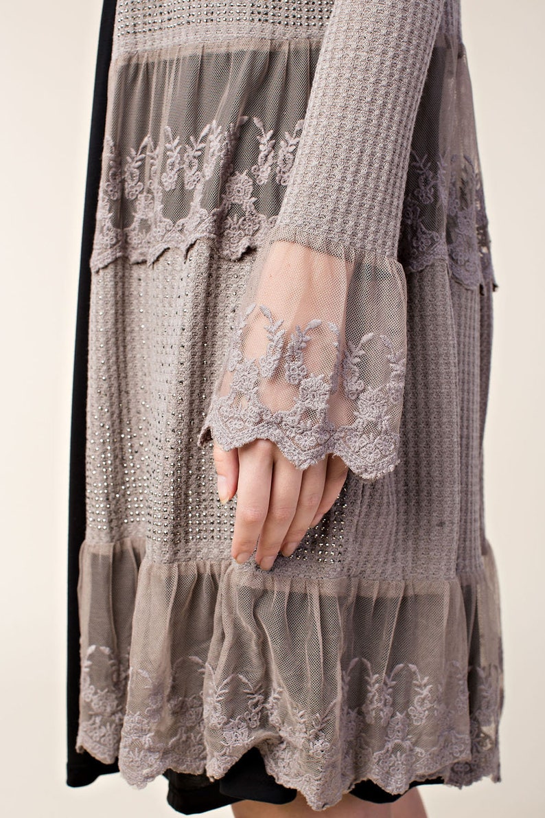 Black Crystal Boho Lace Ruffle Bell Sleeve Cardigan Duster - Etsy