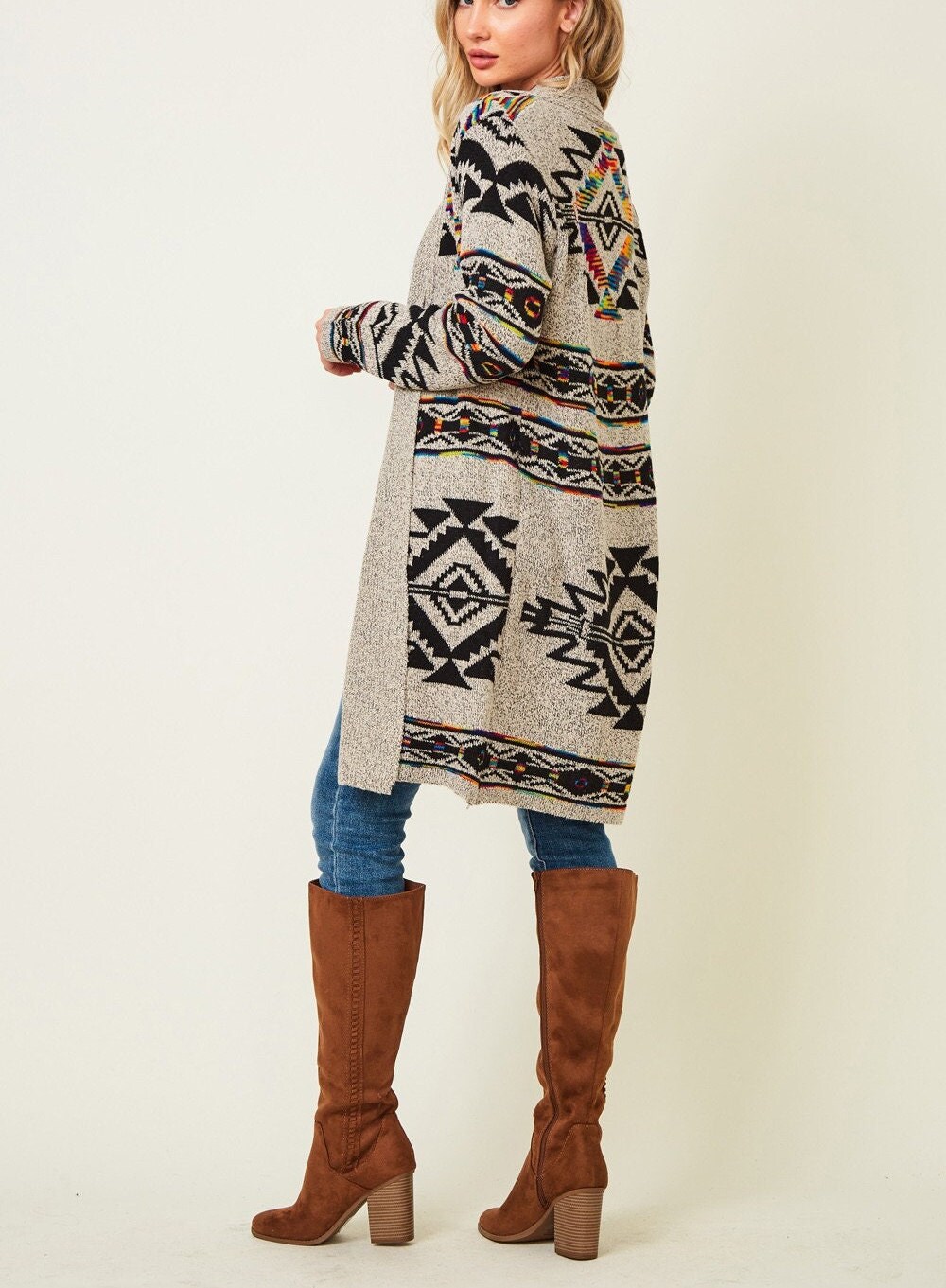 Plus Size Boho Aztec Tribal Cowichan Southwestern Knit Long Cardigan ...