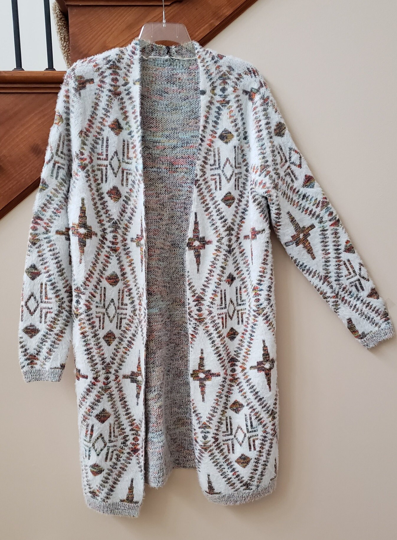 Boho Aztec Celtic Cross Fuzzy Knit Long Cardigan Sweater Duster Coat ...