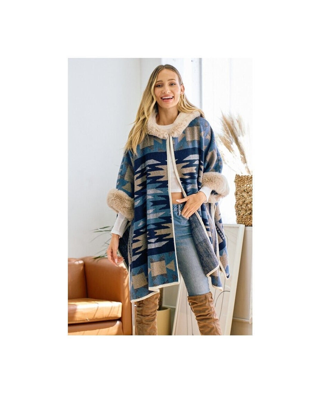 Boho Aztec Navajo Southwestern Faux Fur Hooded Cardigan Sweater Swing ...