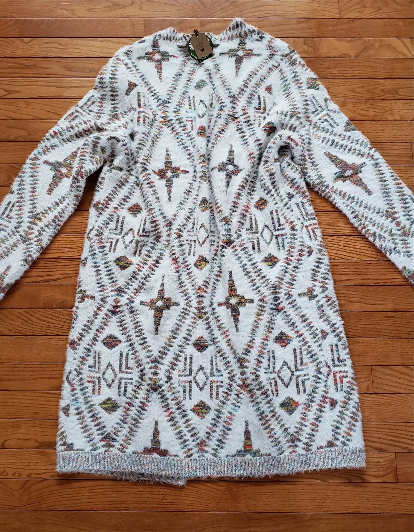 Boho Aztec Celtic Cross Fuzzy Knit Long Cardigan Sweater Duster Coat ...