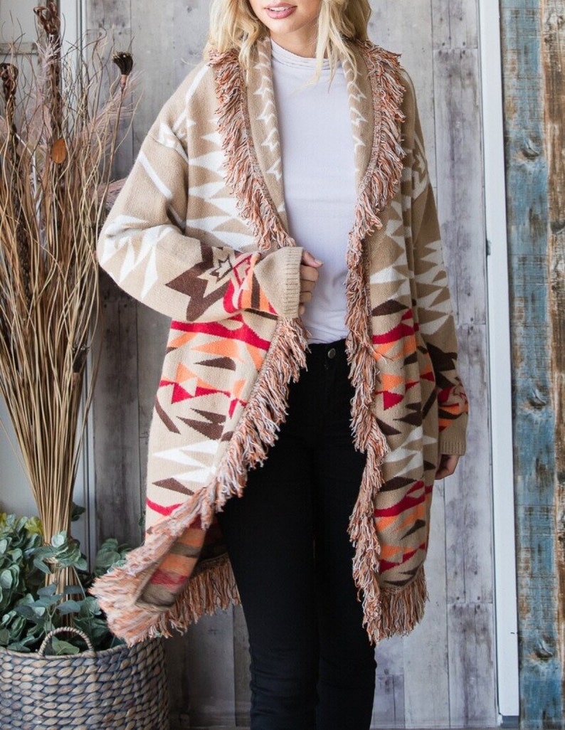 Boho Aztec Tribal Cowichan Print Fringe Belted Long Cardigan - Etsy