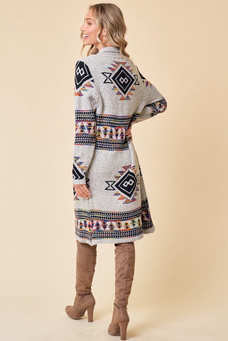 Boho Aztec Tribal Cowichan Southwestern Knit Long Cardigan Sweater Duster Coat Top Western Fall ...