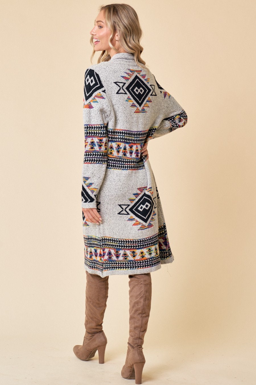 Boho Aztec Tribal Cowichan Southwestern Knit Long Cardigan Sweater Duster Coat Top Western Fall ...