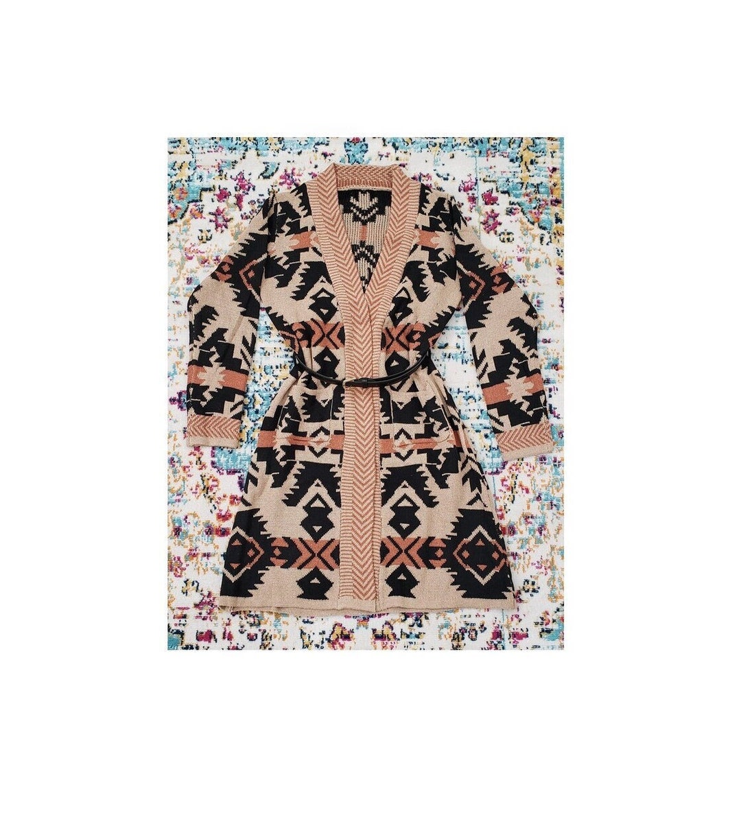 Brown Aztec Western Southwest Knit Long Belted Cardigan Sweater Duster ...