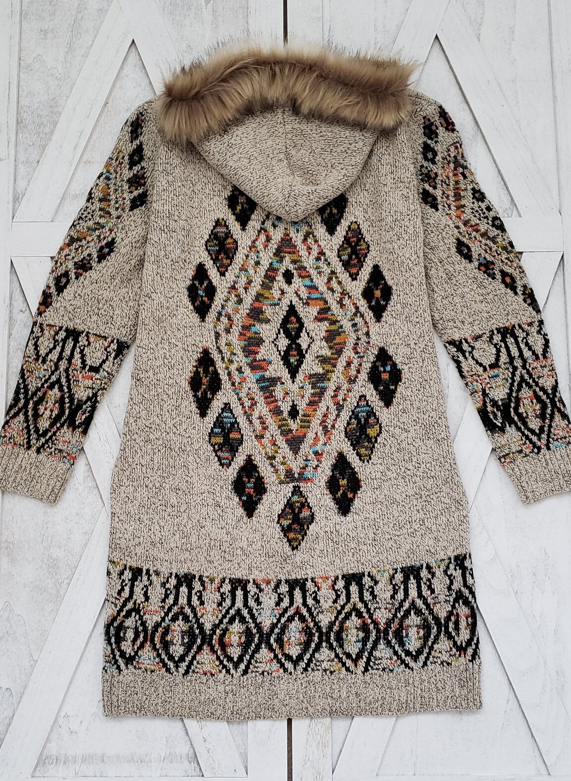 Aztec Western Southwest Knit Faux Fur Hooded Zip Front Long Cardigan ...