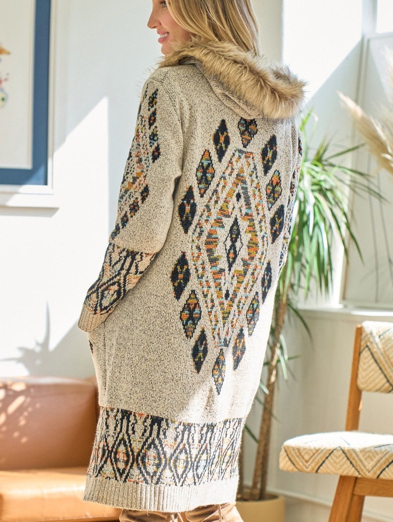 Aztec Southwestern Cardigan Sweater Jacket, Faux Fur Hooded Long Knit ...